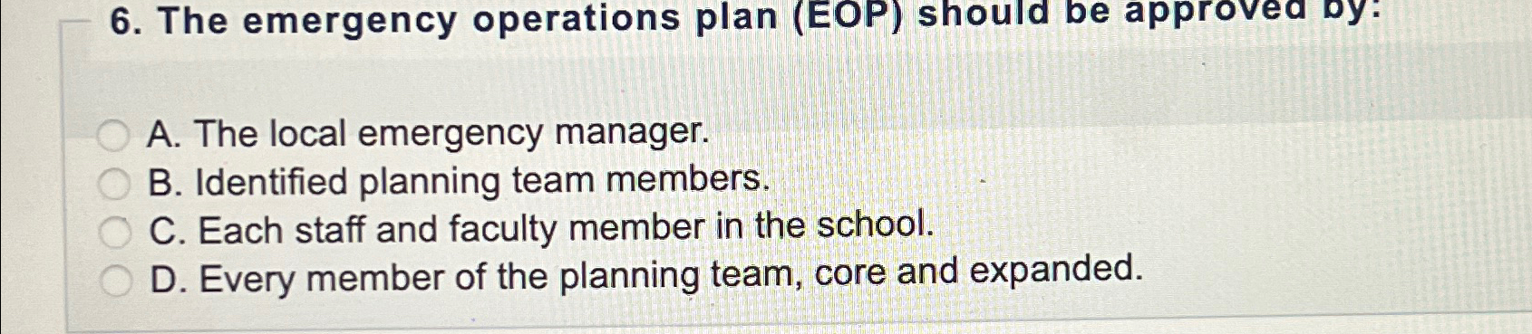 Solved The emergency operations plan (EOP) ﻿should be | Chegg.com