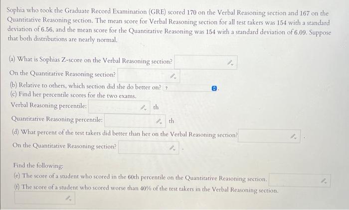 Solved Sophia who took the Graduate Record Examination (GRE) | Chegg.com