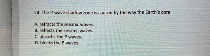 Solved 24. The P-wave shadow zone is caused by the way the | Chegg.com