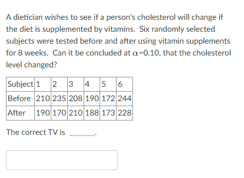 Solved A dietician wishes to see if a person's cholesterol | Chegg.com