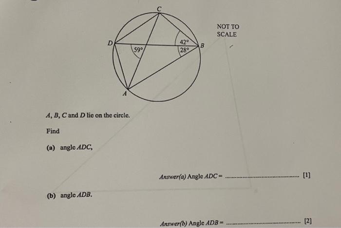 Solved NOT TO SCALE 42° 289 B 59% A, B, C and D lie on the | Chegg.com