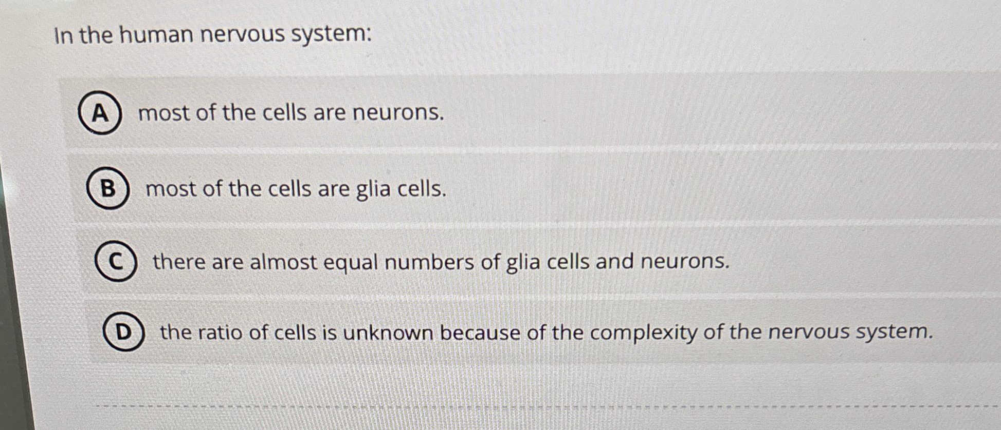 Solved In the human nervous system:most of the cells are | Chegg.com
