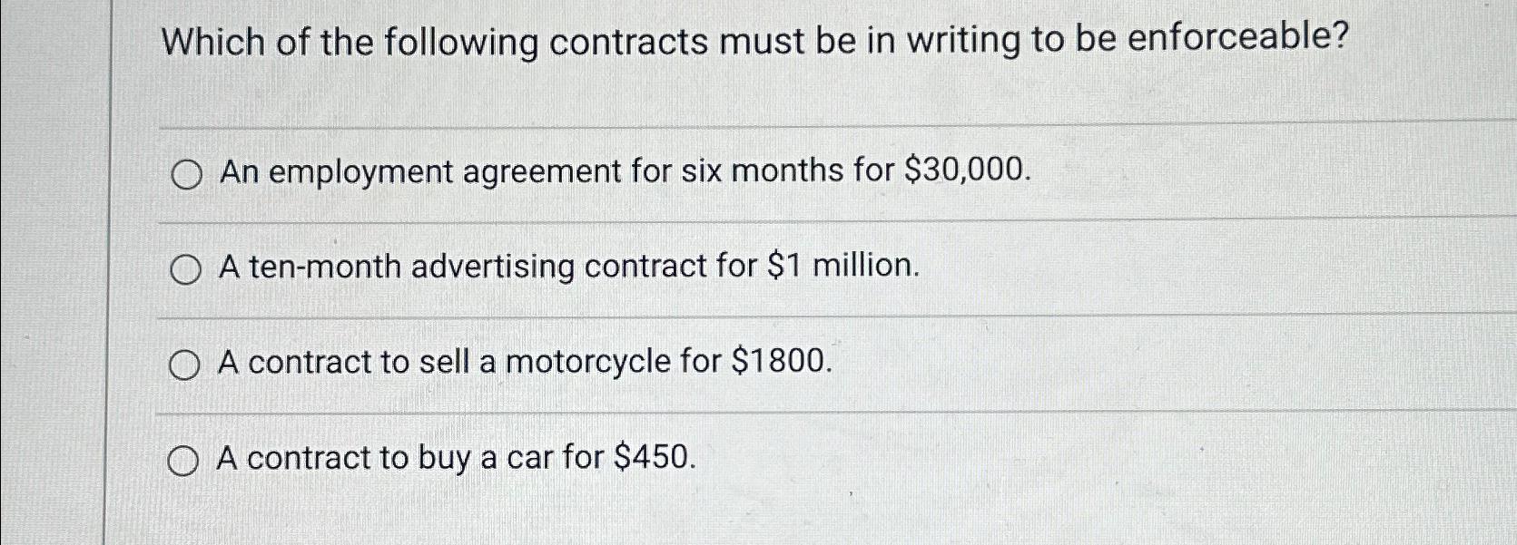 Solved Which of the following contracts must be in writing | Chegg.com
