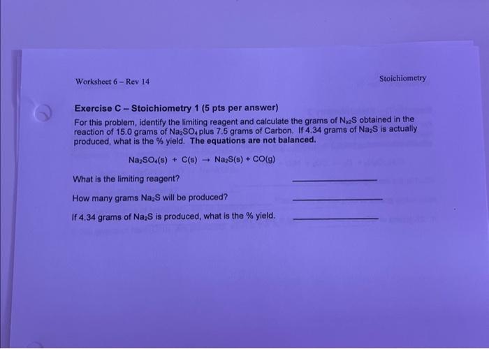 Solved Exercise C - Stoichiometry 1 (5 pts per answer) For | Chegg.com