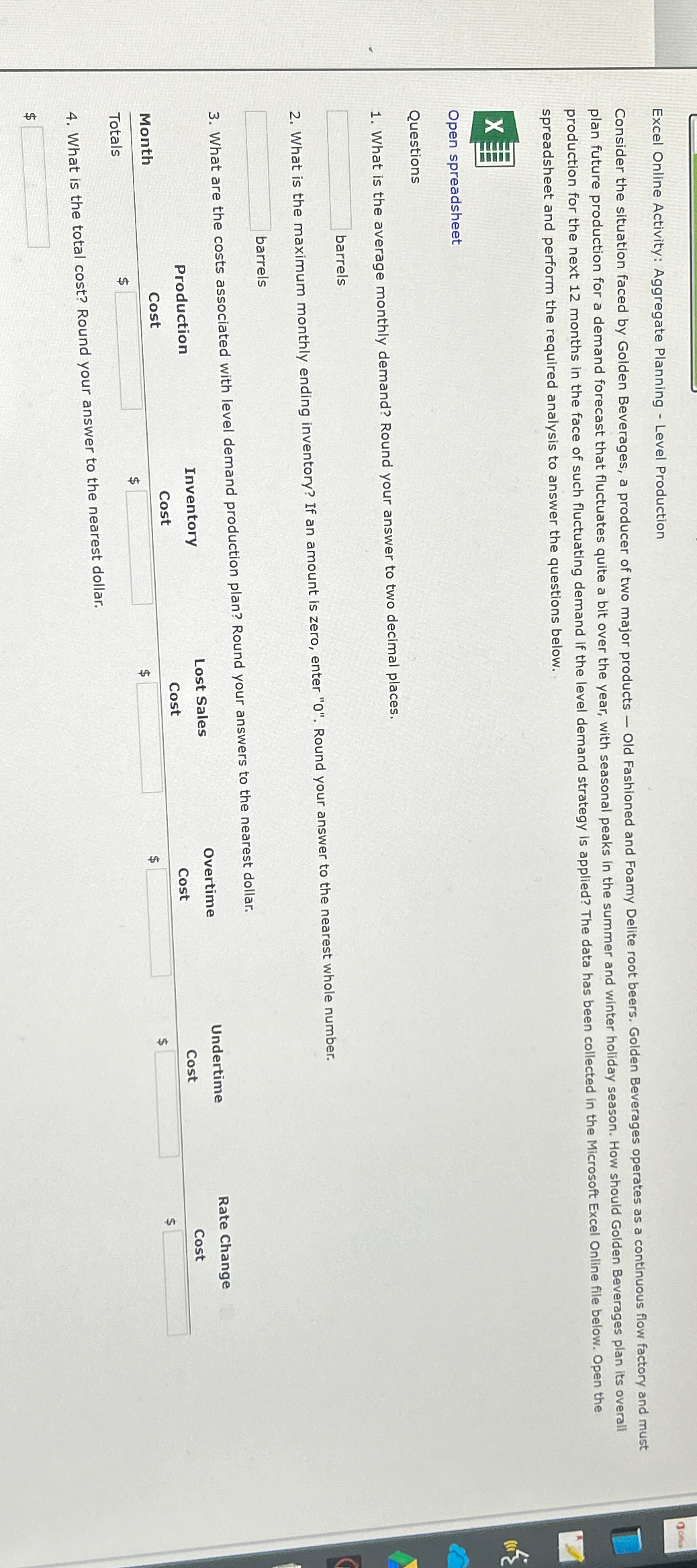 Solved Excel Online Activity: Aggregate Planning - ﻿Level | Chegg.com