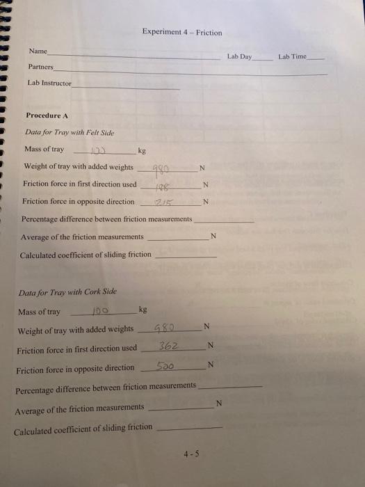 Solved Experiment 4 - Friction Name Lab Day Lab Time | Chegg.com