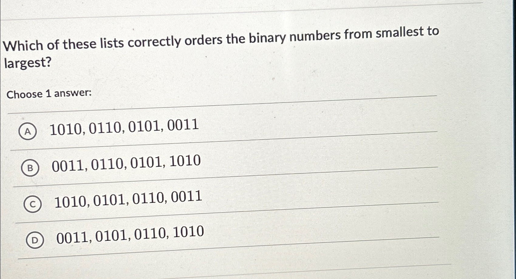 Solved Which of these lists correctly orders the binary | Chegg.com