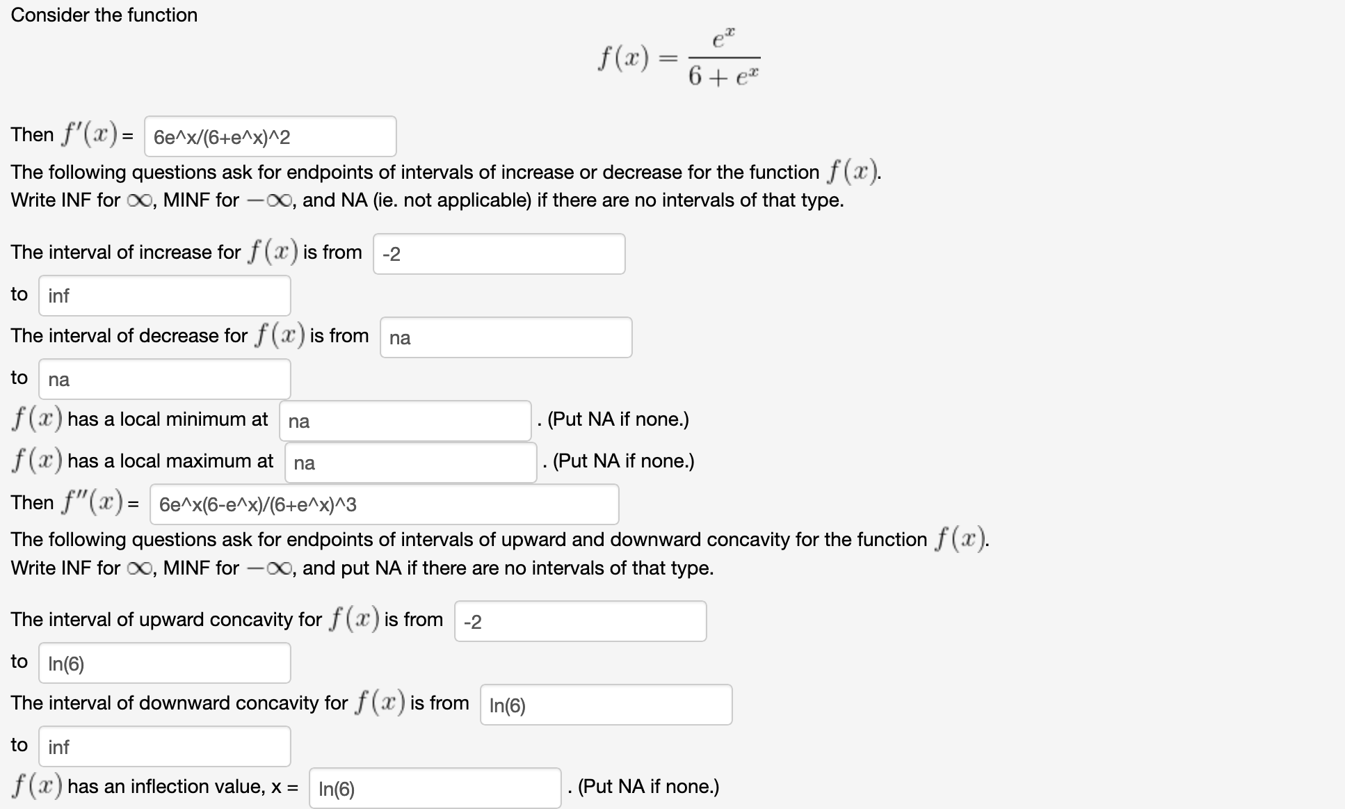 Solved Consider the functionf(x)=ex6+exThen f'(x)=The | Chegg.com