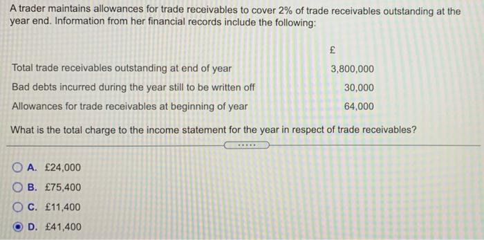 Solved A trader maintains allowances for trade receivables | Chegg.com