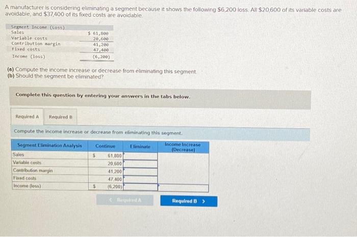 Solved A manufacturer is considering eliminating a segment | Chegg.com
