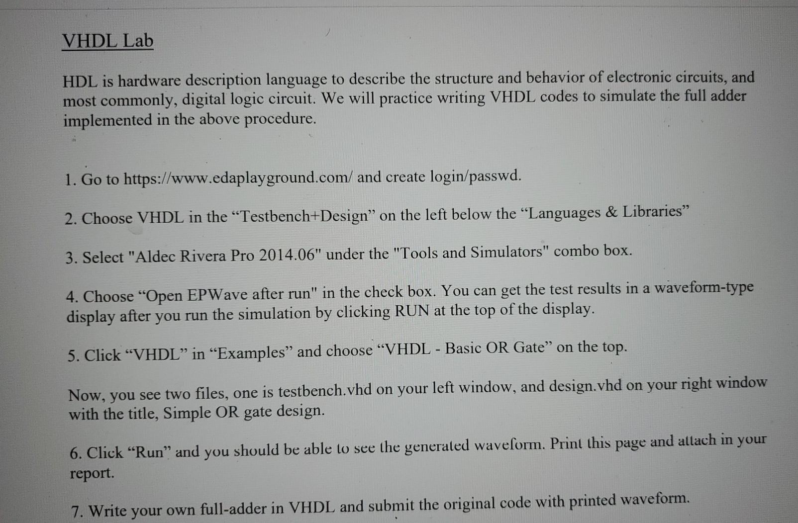 Solved VHDL Lab HDL is hardware description language to | Chegg.com
