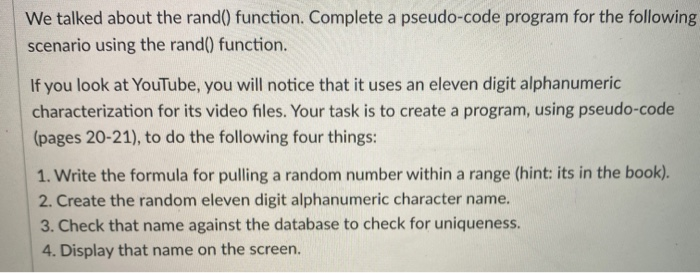 Solved We talked about the rand() function. Complete a | Chegg.com