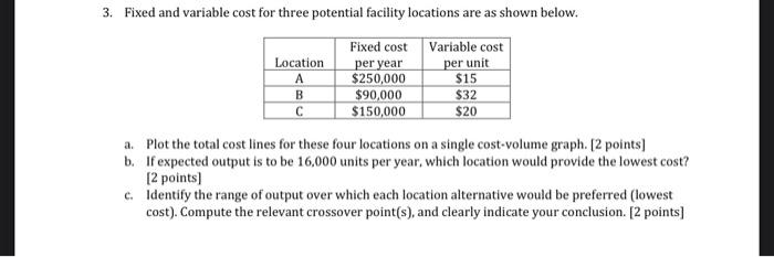 Solved 3. Fixed and variable cost for three potential | Chegg.com