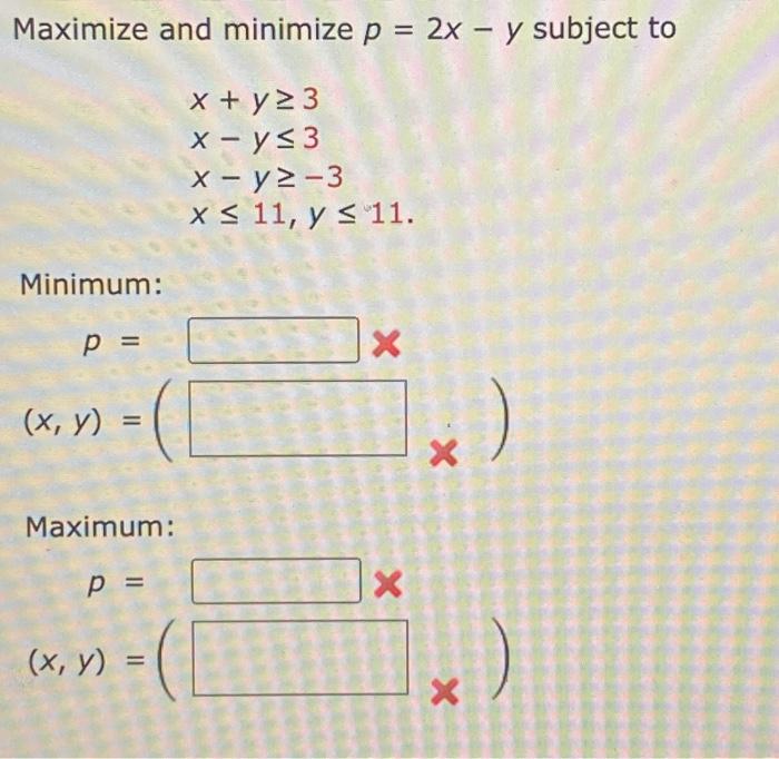 Solved Maximize and minimize p=2x−y subject to | Chegg.com