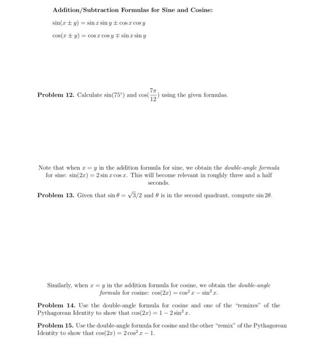 Solved Addition/Subtraction Formulas for Sine and Cosine: | Chegg.com