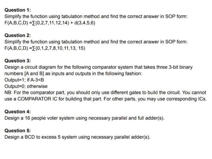 Solved Question 1: Simplify the function using tabulation | Chegg.com