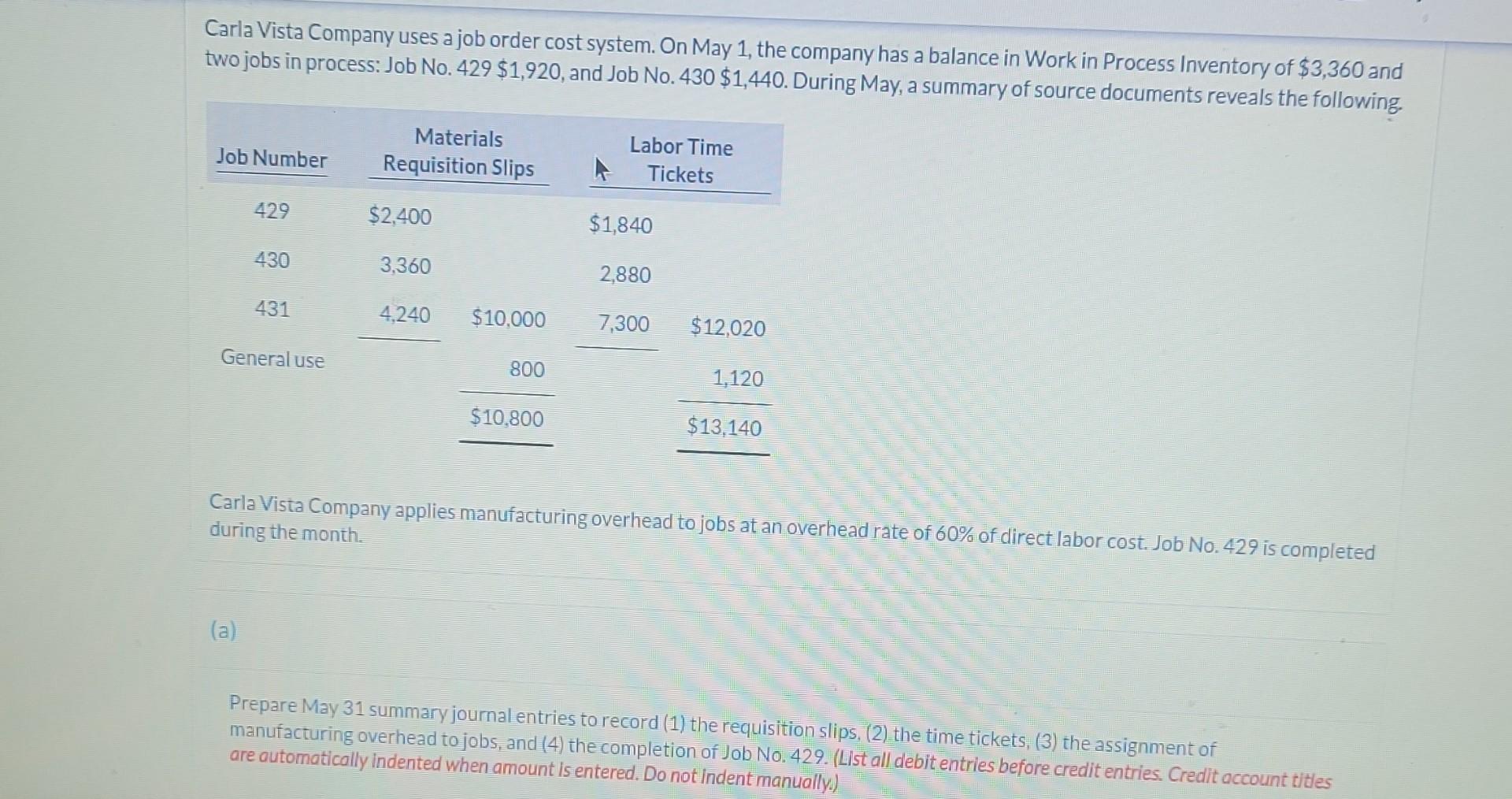 Solved Carla Vista Company uses a job order cost system. On | Chegg.com