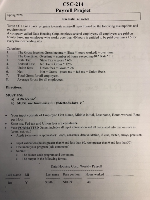 Solved Csc 214 Payroll Project Spring 2020 Due Date