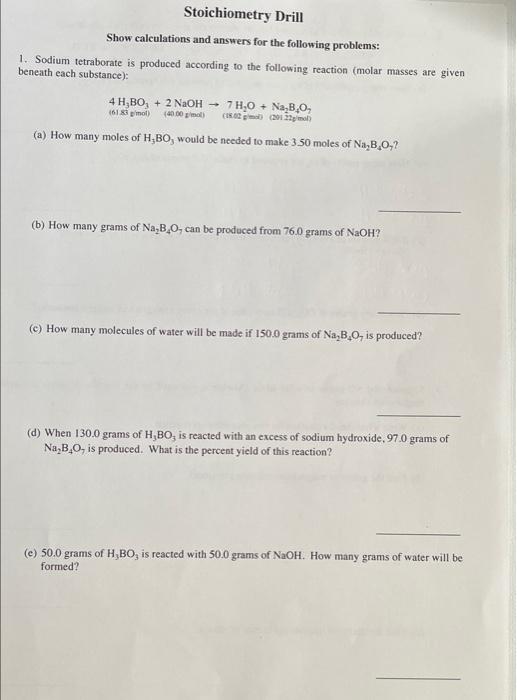 Solved Stoichiometry Drill Show calculations and answers for | Chegg.com