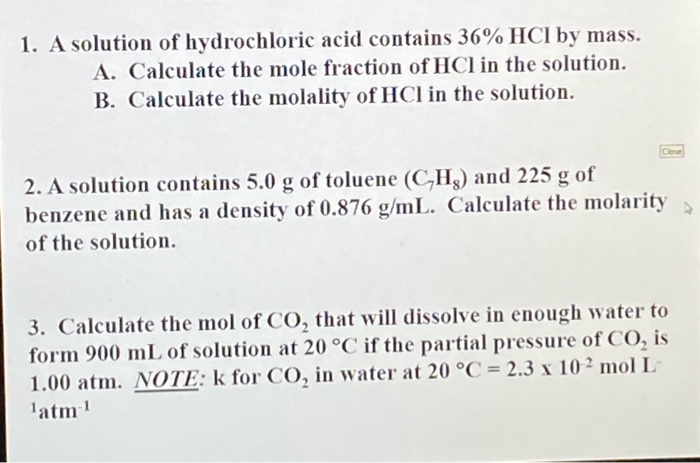 Solved 1. A solution of hydrochloric acid contains 36% HCl | Chegg.com