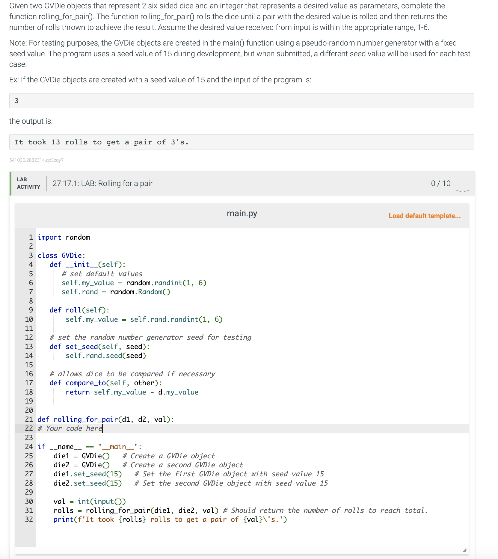 Solved Given two GVDie objects that represent 2 ﻿six-sided | Chegg.com