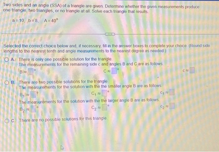 Solved Two sides and an angle (SSA) of a triangle are given. | Chegg.com