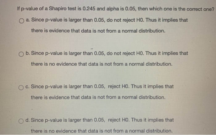 Solved If p-value of a Shapiro test is 0.245 and alpha is | Chegg.com