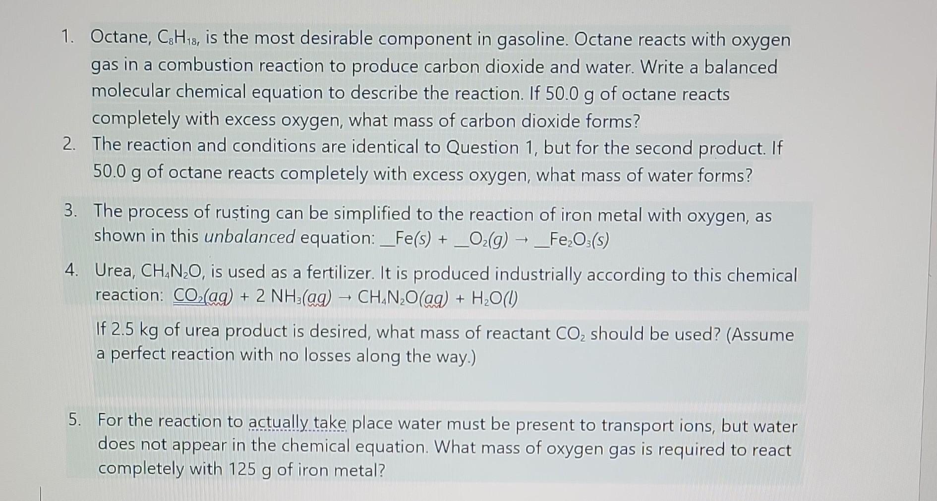 Solved 1. Octane, C8H18, is the most desirable component in | Chegg.com