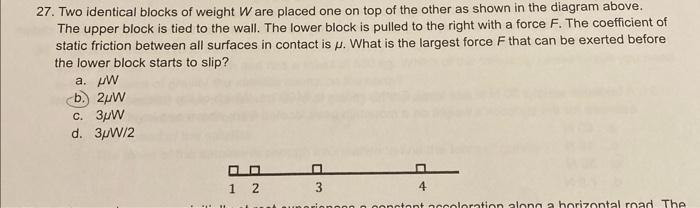 Solved 27. Two identical blocks of weight W are placed one | Chegg.com