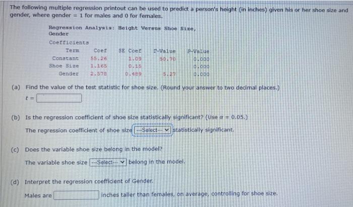 Solved The following multiple regression printout can be | Chegg.com