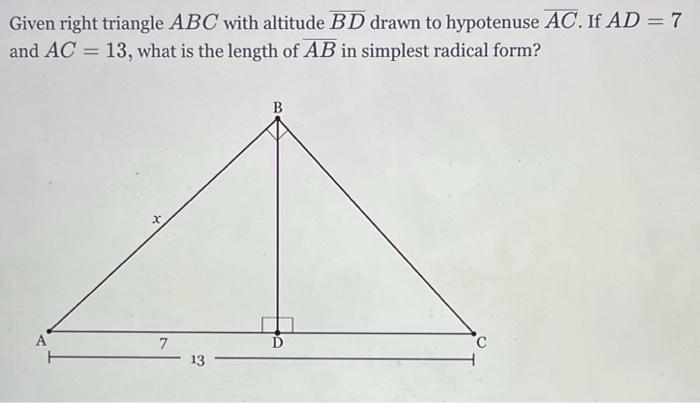 Solved Given right triangle ABC with altitude BD drawn to | Chegg.com