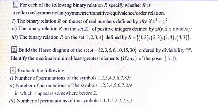 Solved 1. For each of the following binary relation R | Chegg.com
