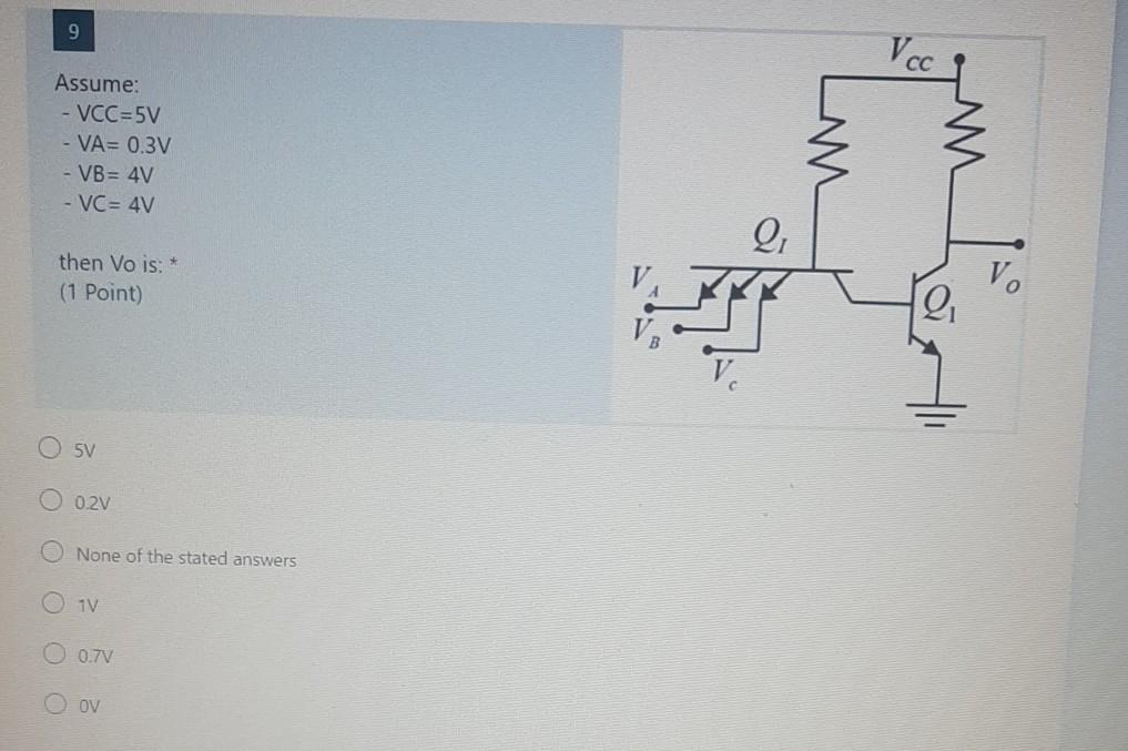 Solved 9 V cc Assume: - VCC=5V - VA= 0.3V - VB= 4V - VC= 4V | Chegg.com