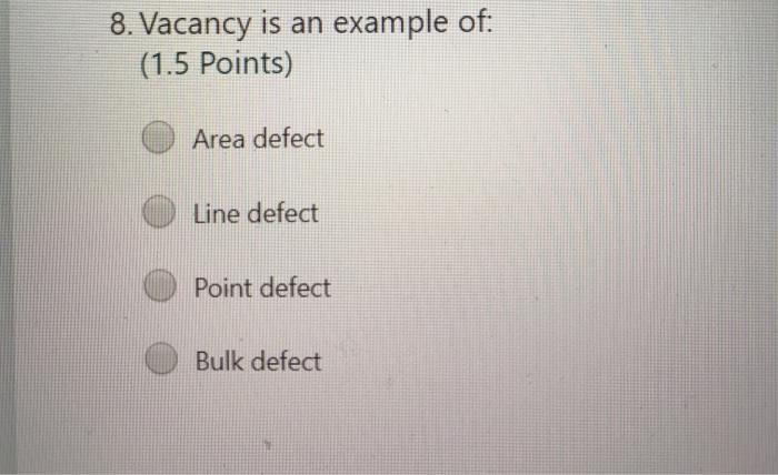 Solved 8. Vacancy is an example of: (1.5 Points) Area defect | Chegg.com