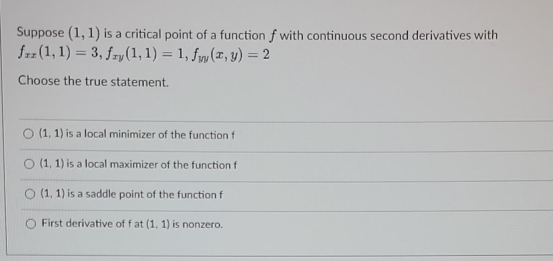 Solved Suppose (1,1) is a critical point of a function f | Chegg.com