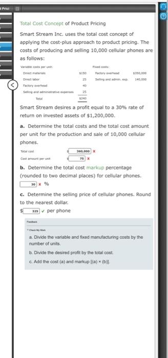 Solved Total Cost Concept of Product Pricing Smart Stream | Chegg.com Solved Total Cost Concept of Product Pricing Smart Stream | Chegg.com