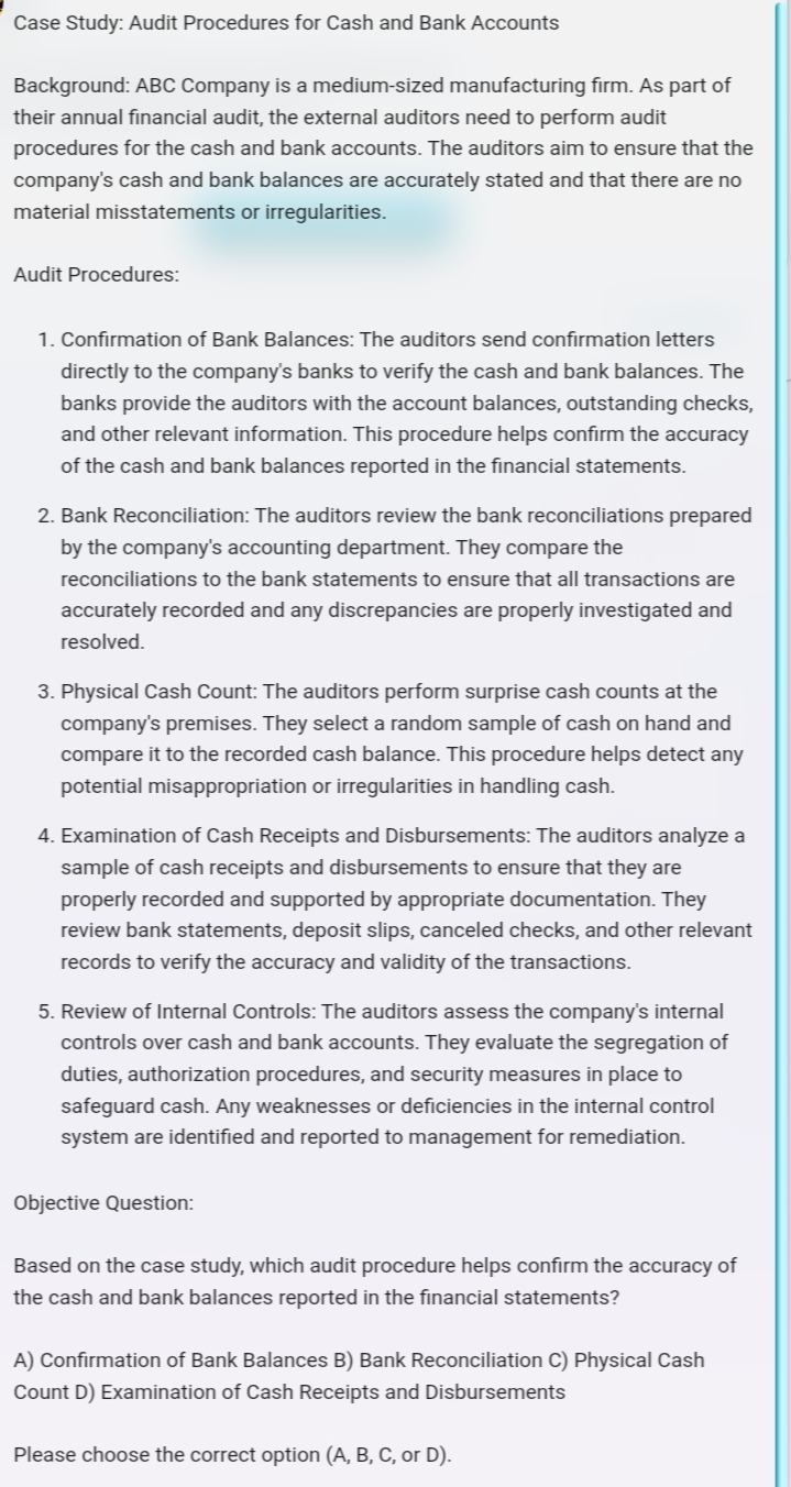 Solved Case Study: Audit Procedures for Cash and Bank | Chegg.com
