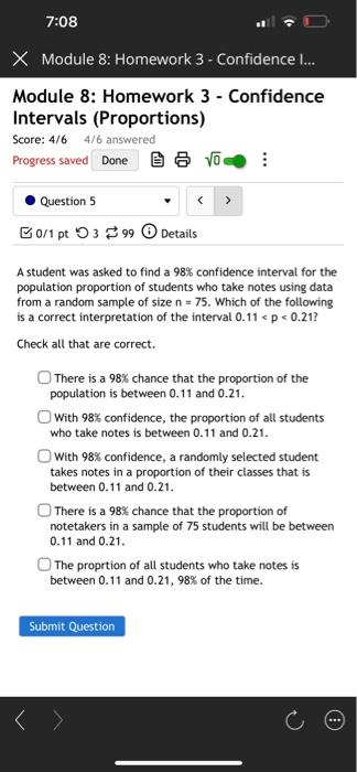 Solved 7:08 X Module 8: Homework 3 - Confidence ... Module | Chegg.com