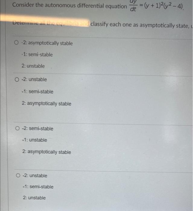 Solved Consider the autonomous differential equation -= (y + | Chegg.com