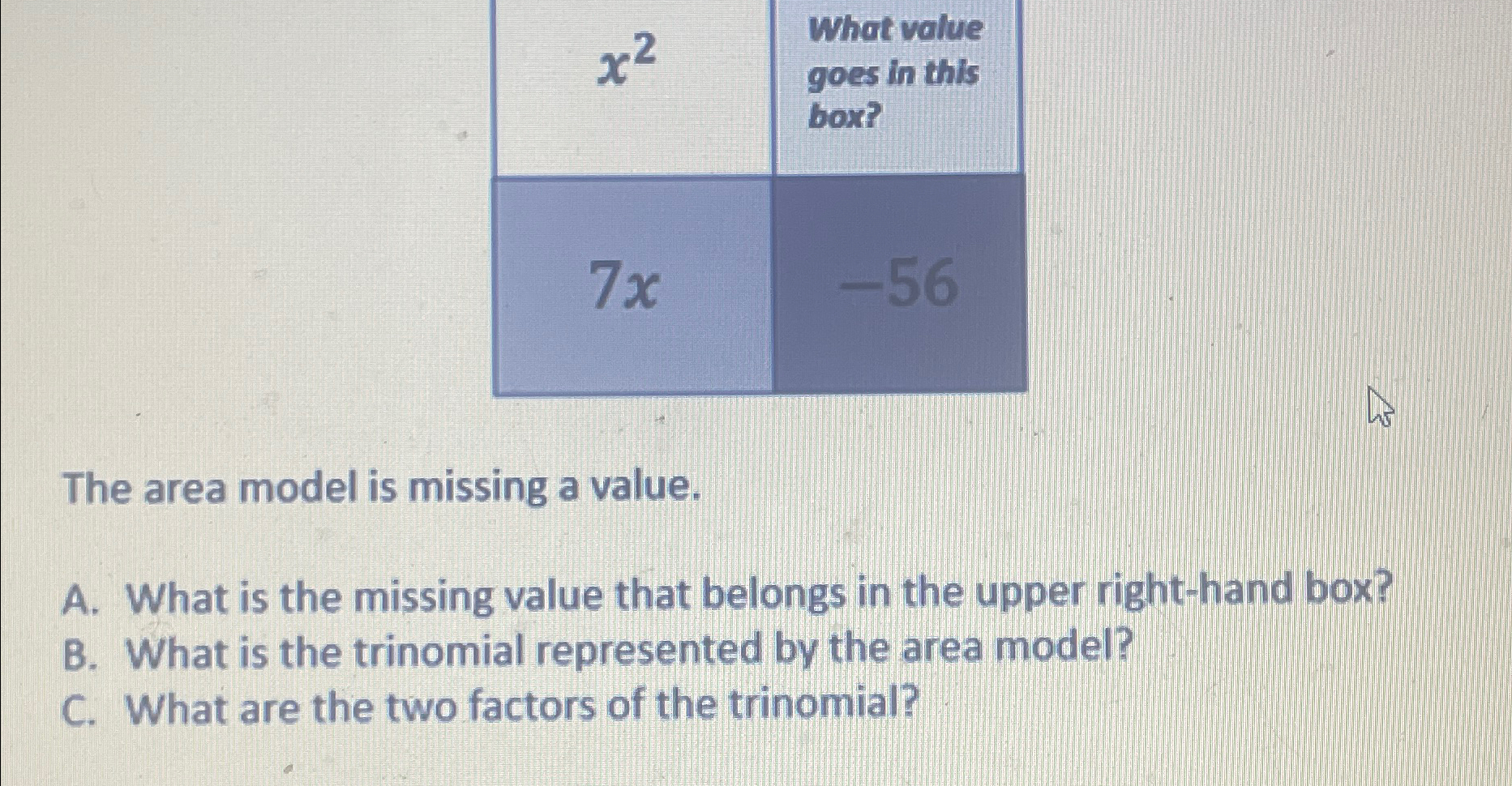 Solved The area model is missing a value.A. ﻿What is the | Chegg.com