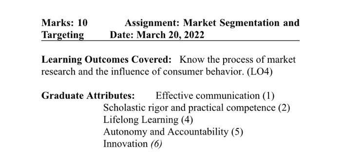 Solved Marks: 10 Targeting Assignment: Market Segmentation | Chegg.com