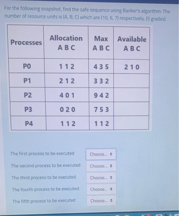 Solved For the following snapshot, find the safe sequence | Chegg.com