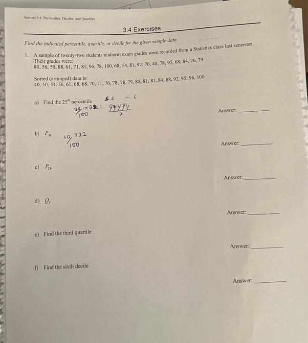 Solved 3.4 Exercises Find the indicated percentile, | Chegg.com