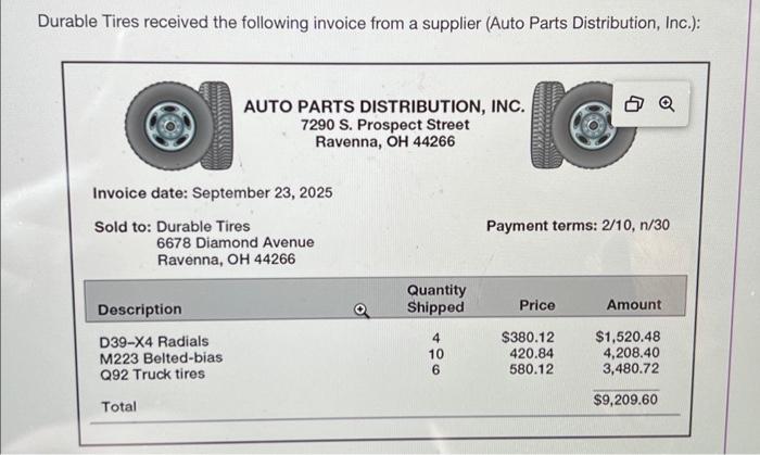 Solved Durable Tires received the following invoice from a | Chegg.com