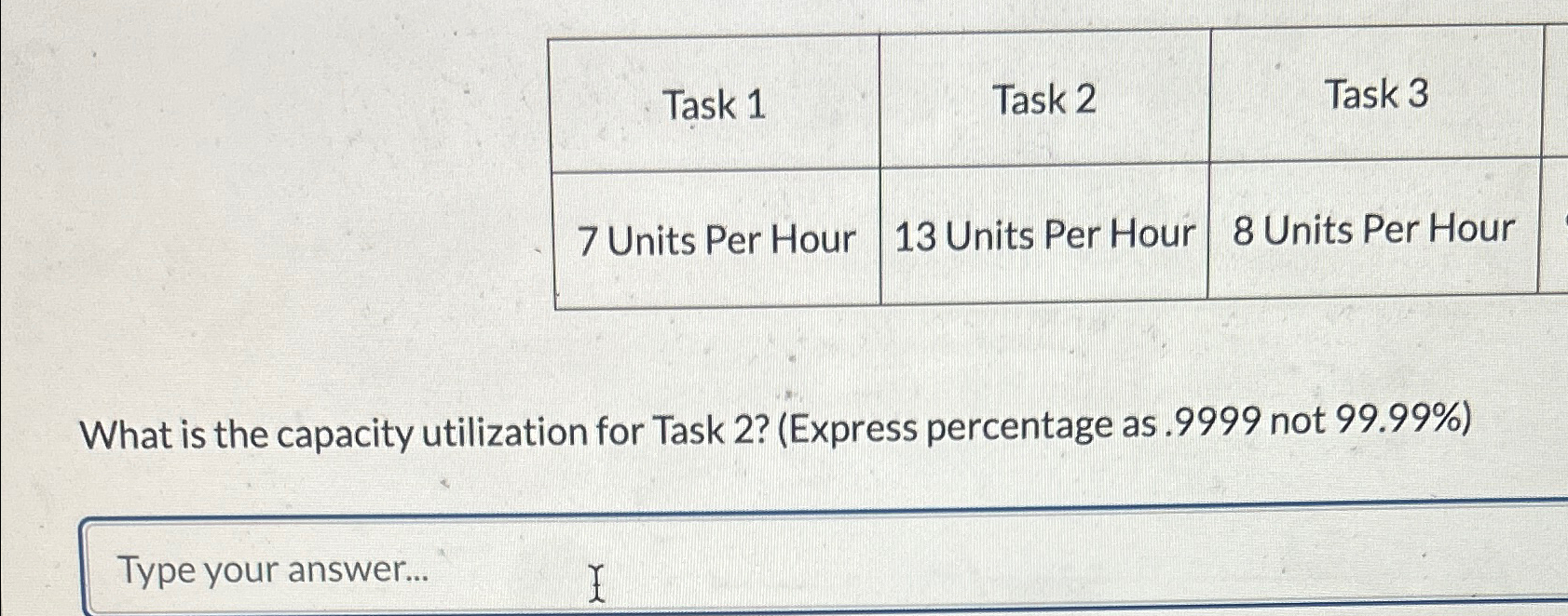 Solved \table[[Task 1,Task 2,Task 3],[7 ﻿Units Per Hour,13 | Chegg.com