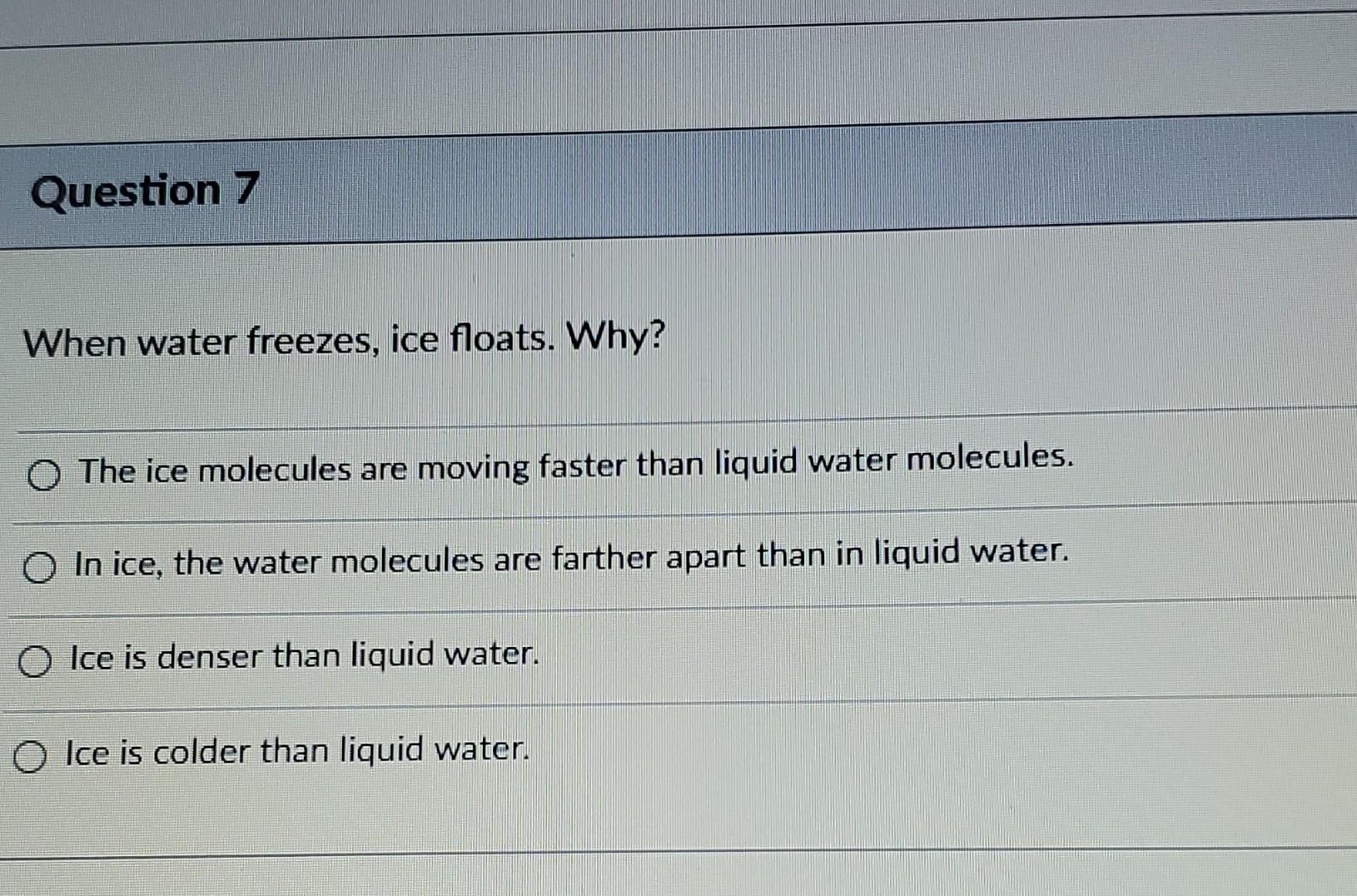Solved When Water Freezes Ice Floats Why The Ice