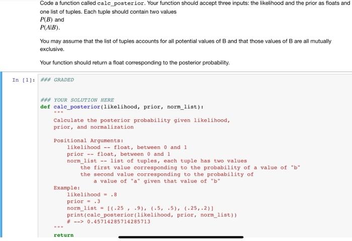 Solved Code a function called calc_posterior. Your function | Chegg.com