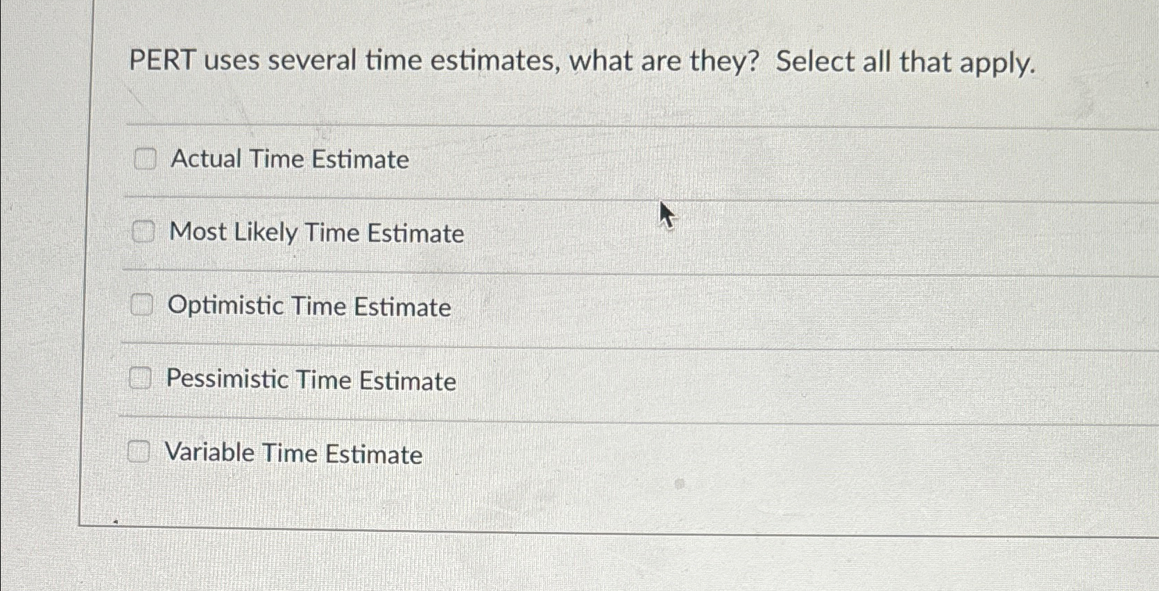 Solved PERT uses several time estimates, what are they? | Chegg.com