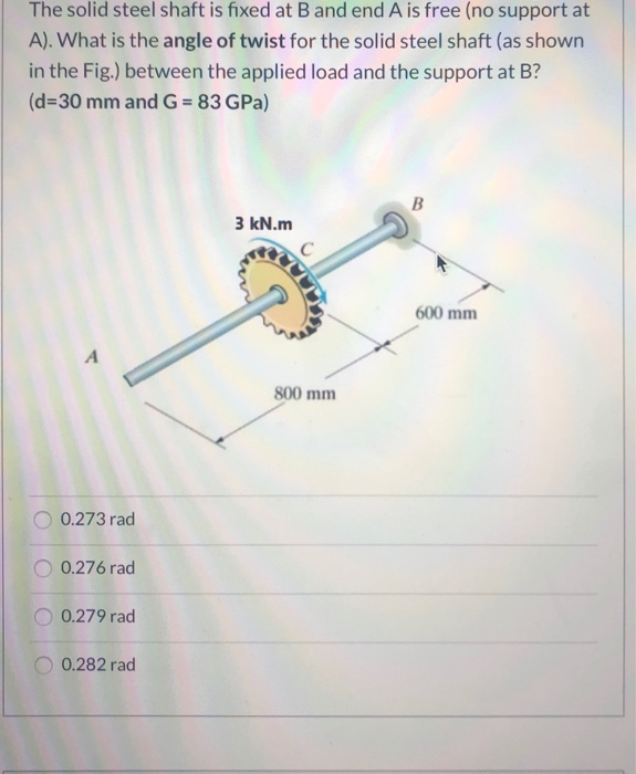 Solved The solid steel shaft is fixed at B and end A is free | Chegg.com