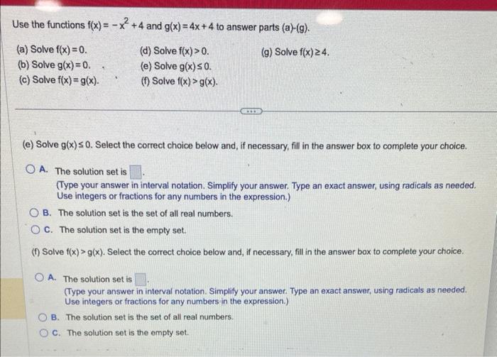 Solved Use the functions f(x)=−x2+4 and g(x)=4x+4 to answer | Chegg.com
